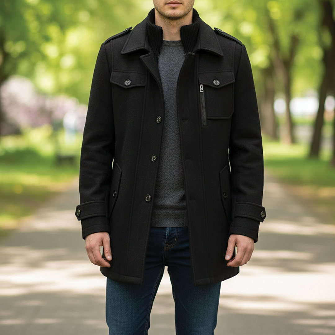 Mid-Thigh Wool Blend Coat with Zip and Button Closure, Notched Lapel ...