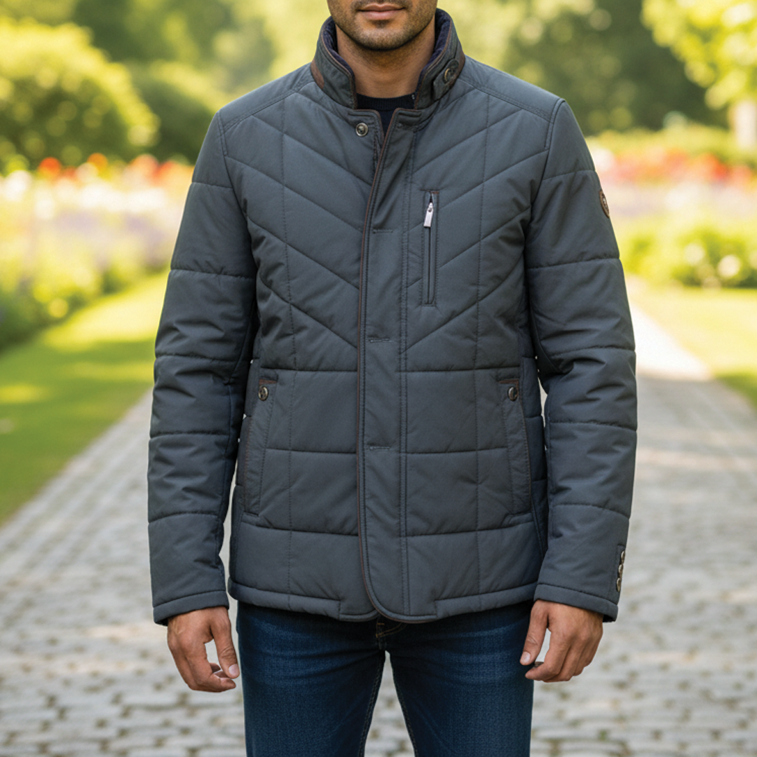 Slim Fit Padded Winter Jacket with Stand Collar, Zip and Button Closure ...