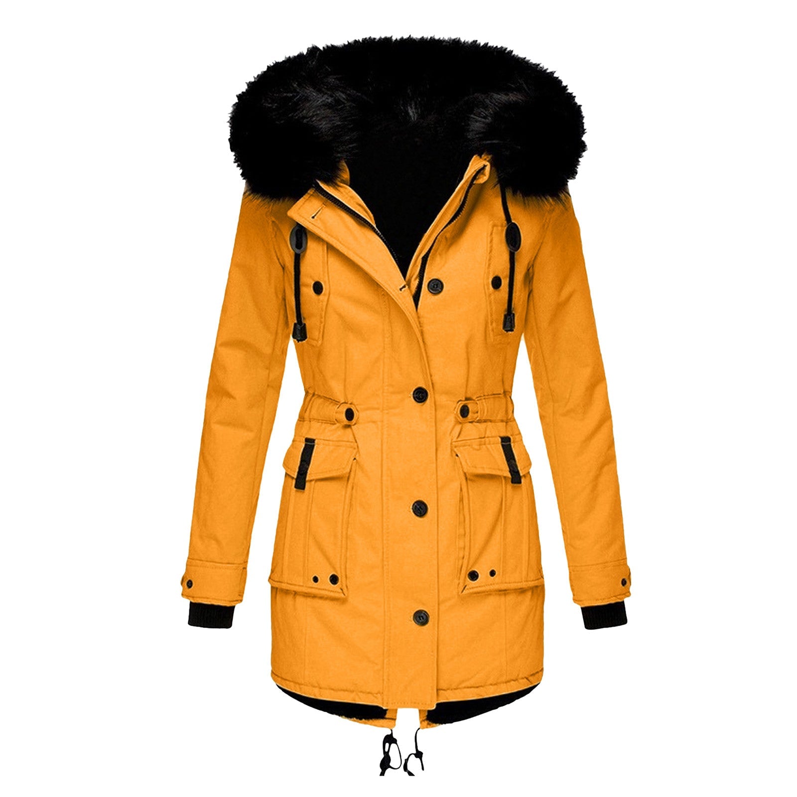 Hooded Winter Jacket with Faux Fur Trim, Zip Closure, Drawstring Waist ...