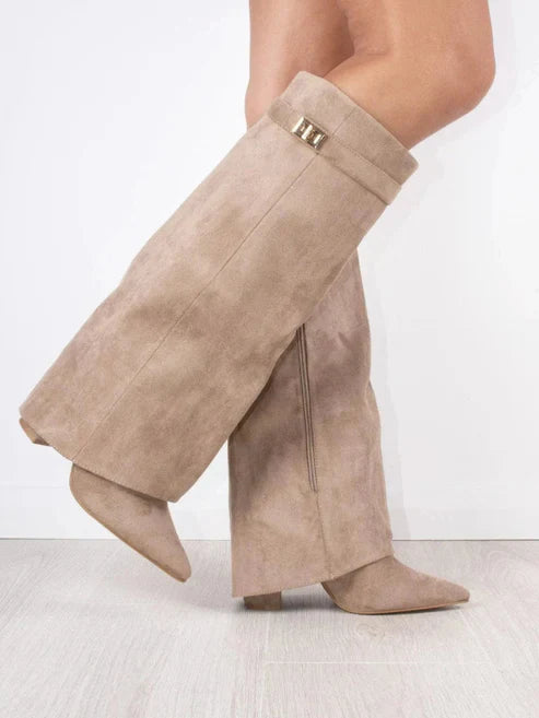 Women’s Knee-High Flap Boots with Pointed Toe, Block Heel, and Textured ...