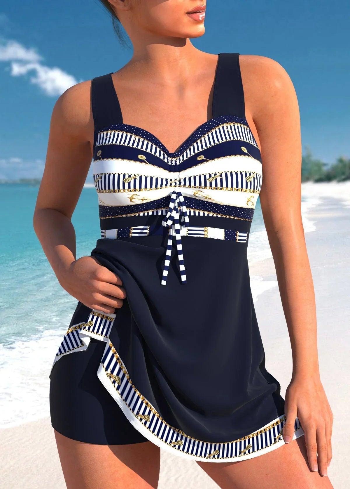 Women's Tankini Swimsuit Dress with Built-In Shorts and Nautical Print ...